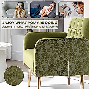 Velvet Living Room Chairs Accent Chairs Set of 2 Mid Century Modern Single Sofa Reading Chair Comfy Upholstered Button Tufted Armchair for Bedroom with Rose Golden Metal Legs Flowers (2pcs Green)