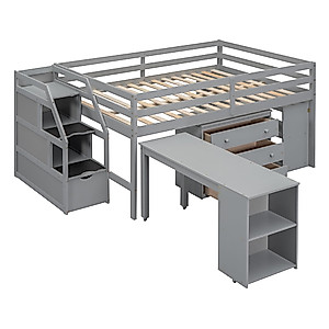 Merax Full Size Loft Bed with Retractable Writing Desk and 3 Drawers, Wooden Loft Bed