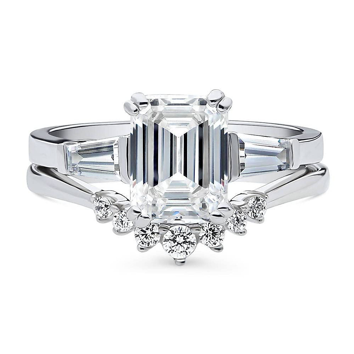 BERRICLE Sterling Silver 3-Stone Wedding Engagement Rings Emerald Cut Cubic Zirconia CZ 7-Stone Ring Set for Women, Rhodium Plated Size 10