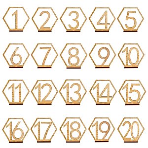 BravOne Wooden Table Numbers, Hexagon Shape 1-20 Wedding Table Numbers with Holder Base Rustic Hollow Out Wood Table Numbers Card for Wedding Party Event Catering Decoration (Hexagon)