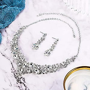 BriLove Wedding Bridal Necklace Earrings Jewelry Set for Women Austrian Crystal Teardrop Cluster Statement Necklace Dangle Earrings Set Clear Silver-Tone