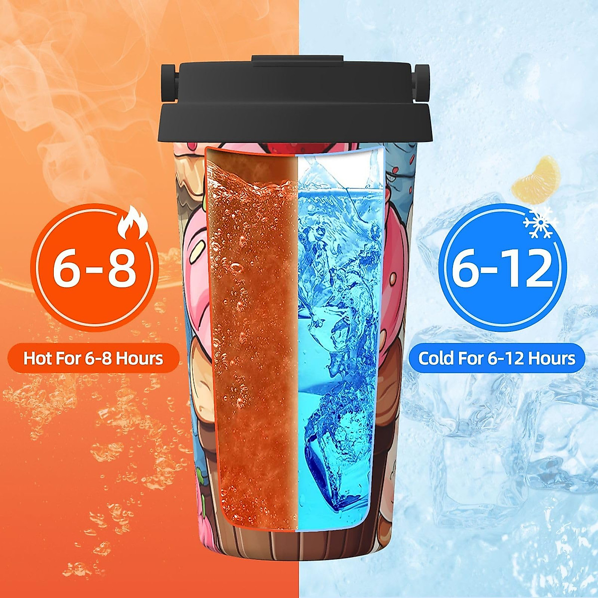GTKSYNVE Reusable Coffee Mug with Lid and Handle, Cupcakes And Ice Cream Tumbler for Hot & Cold Drinks 16oz Stainless Steel Insulated Coffee Tumblers Double Wall Vacuum Thermal Cup