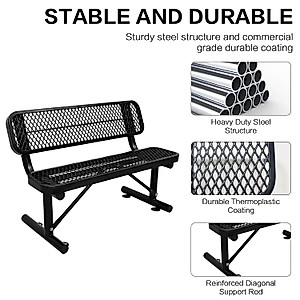 Sunnibety 4 Feet Heavy Duty Metal Park Bench for Outside, Outdoor Bench with Backrest & Portable Frame, Commercial Benches for Shopping Malls, Stores, Parks, Patios, Decks, Black