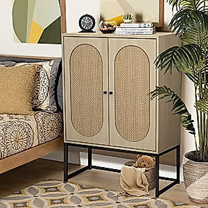 AWQM Natural Rattan 2 Door High Cabinet,Sideboard Buffet Cupboard Accent Cabinet,Adjustable Shelves,Free Standing Bookmatch,Easy Assembly26.77 L x 15.75" W x 41.34" H,Rustic Oak Beige