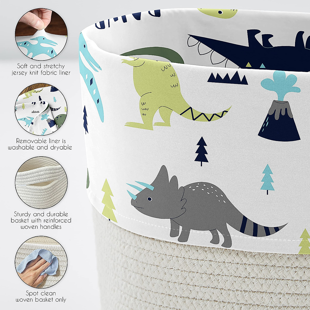 Sweet Jojo Designs Blue Green Modern Dinosaur Boy Woven Storage Basket Decorative Cotton Rope Lined Bin Baby Nursery Kids Bedroom Toy Closet Shelf Organizer Turquoise Mod Dino Boho Bohemian Grey White