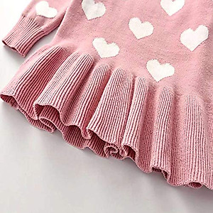 WALLARENEAR Toddler Baby Girl Valentine Dress Kids Heart Long Sleeve Knit Sweater Dress Pleated Dress Fall Winter Warm Outfits (Pink, 2-3 Years)