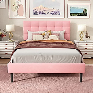Daznzn Full Size Upholstered Platform Bed Frame, Velvet Bed Frame with Stitched Headboard and Strong Wooden Slat Support, Easy Assembly, No Box Spring Needed, Non-Slip and Noise-Free, Pink