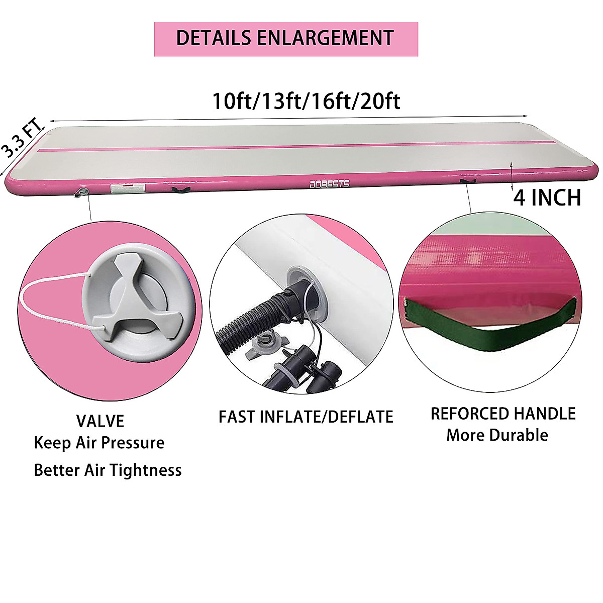 DOBESTS Inflatable Airtrack Gymnastics Tumbling Mat 10ft 13ft 16ft 20ft Air Track with Electric Air Pump for Gymnastic Training Yoga Exercise Indoor Outdoor Sport (Pink, 6m)