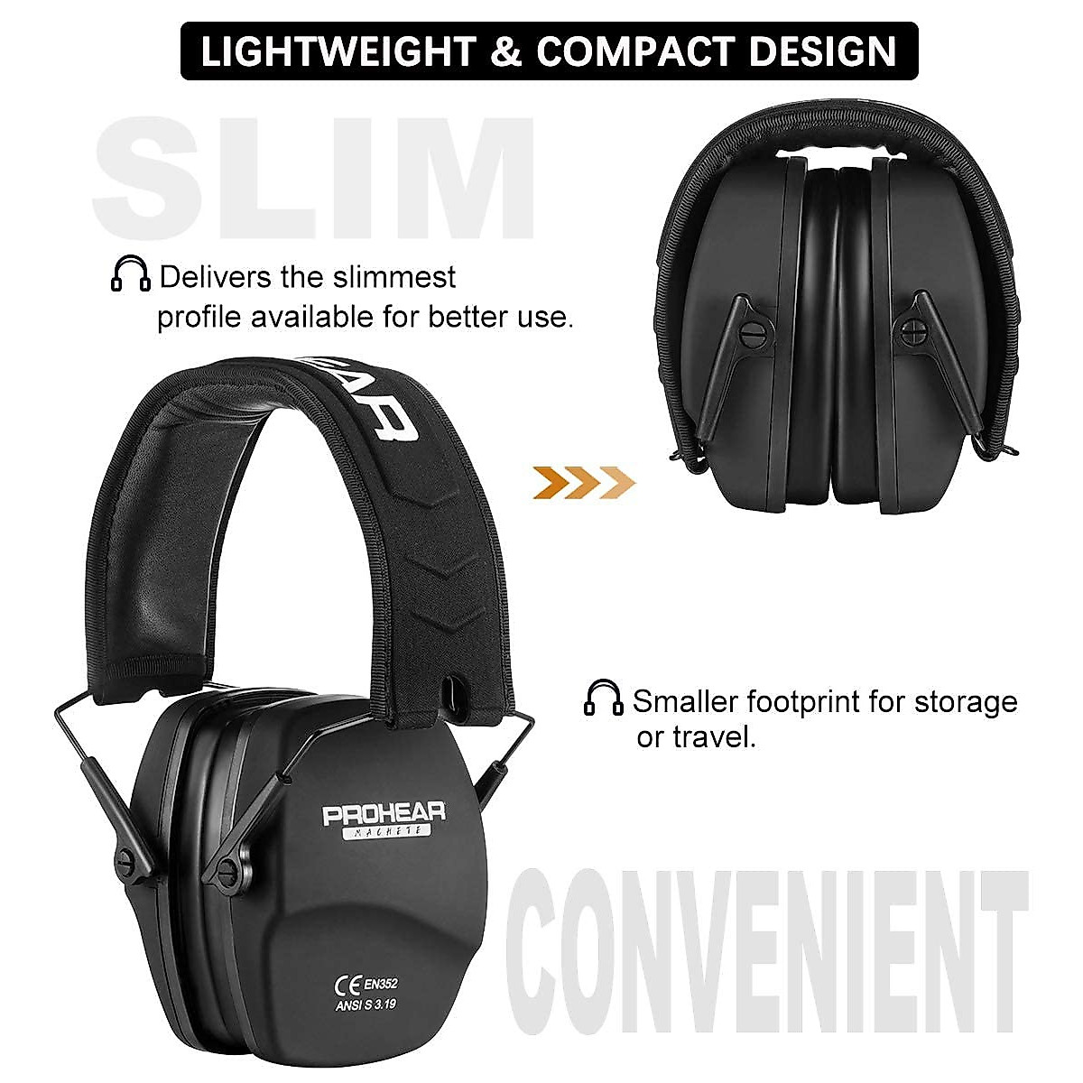 PROHEAR 016 Ear Protection Safety Earmuffs for Shooting, NRR 26dB Noise Reduction Slim Passive Hearing Protector with Low-Profile Earcups, Compact Foldable Ear Defenders for Gun Range, Hunting (Black)