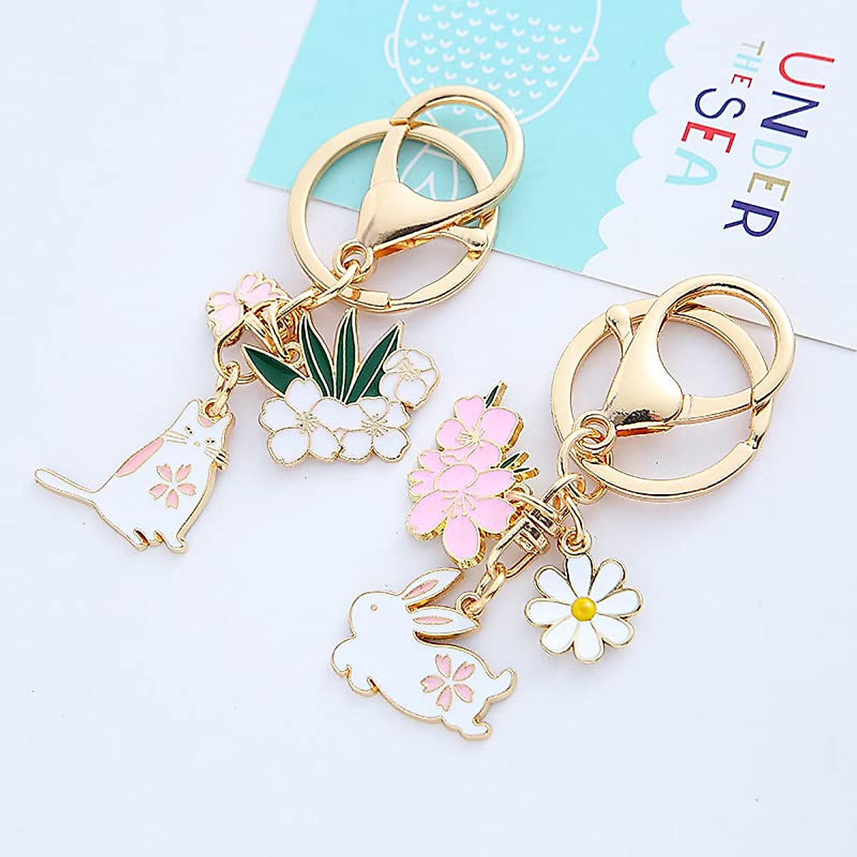 HEYU Cute Keychain for Girls 2PCS Kawaii Aesthetic Accessory Key Chain For Women Cartoon Airpod Backpack Charm Keyring Gifts (Pink Rabbit Cat)