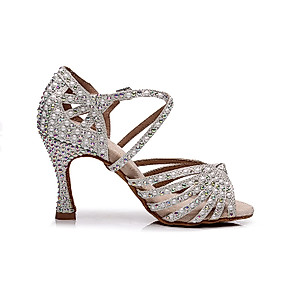 Goettin Latin Dance Shoes Salsa Wedding High Heel Shoes 3.35 inch Suede Sole Rhinestone Pumps Pearl Decoration for Women