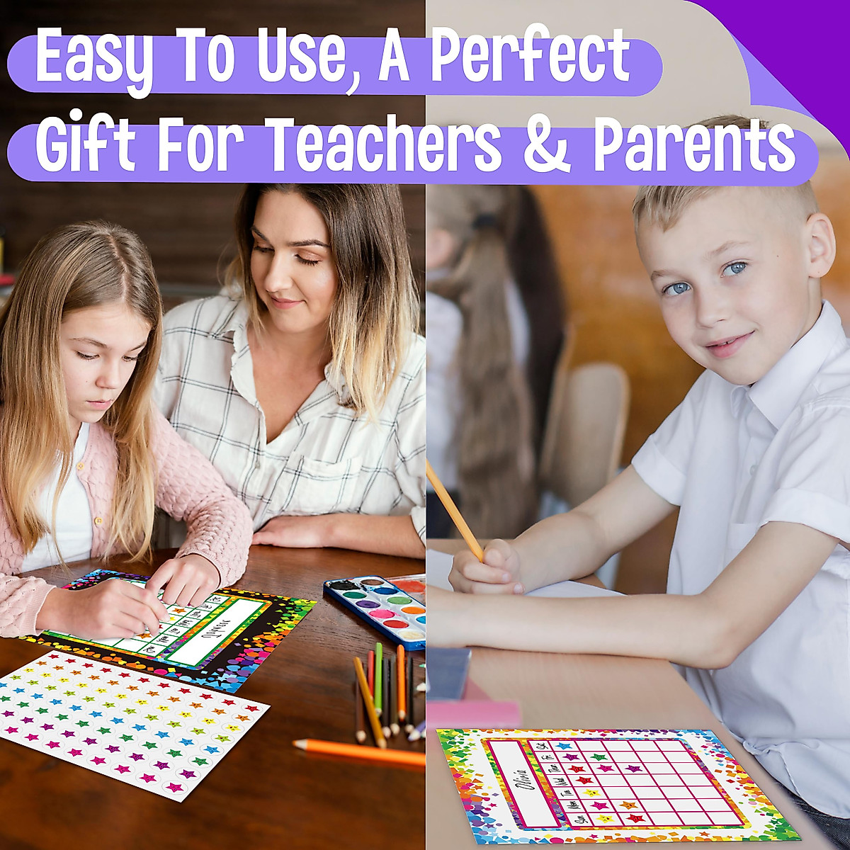 66 Pack Classroom Incentive Chart in 2 Designs with 2024 Star Stickers for Classroom Teaching or Family Using