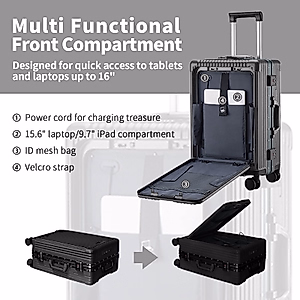 CAARANY Versatile Aluminum Frame Carry-On Luggage with USB Charging Port, Front Compartment, TSA Lock, Airline Approved Carry On Hardside Suitcase with Spinner Wheels (Grey, 20inch)