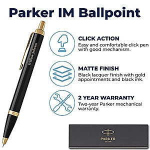 Dayspring Pens Parker Pen | Engraved/Personalized Parker IM Black Lacquer and Gold Trim Ballpoint Gift Pen. Custom Engraving Shipped in One Business Day.