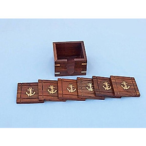 Hampton Nautical Wooden Anchor Coasters with Rosewood Holder (Set of 6), Brown, 3"