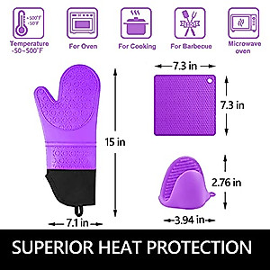 Silicone Oven Mitts and Pot Holders Set, MTZRFLL Extra Long Heat Resistant Oven Gloves with Hot Pads and Mini Oven Mittens for Grilling, Kitchen Cooking Baking, Soft Quilted Lining, Pack of 6 (purple)