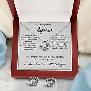 Regalo para Esposa Set de Aros y Collar El Amor De Mi Vida Regalo para Mujer Joya Collar Mensaje Personalizado Para Madre Joyería Para Mamá, Regalo Aniversario de Esposo Para Esposa Acabado Oro Blanco de 14 quilates (Luxury Box w/LED)