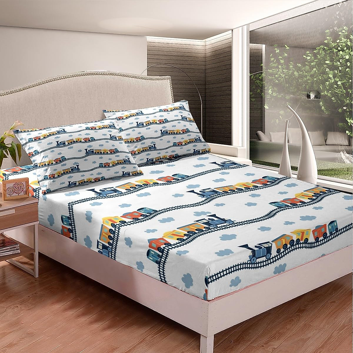 Erosebridal Kids Train Bed Sheets for Boys Girls Cartoon Car Twin Size Sheet Sets Steam Engine Sheets Railway Vehicles Sheet & Pillowcase Sets Transportation Truck Fitted Sheet with 1 Pillow Sham