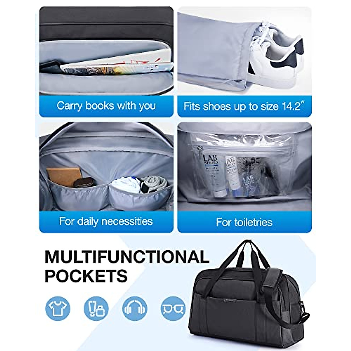 Gym Bag for Men Women, BAGSMART 40L Sports Travel Duffle Bag with Shoe Bag, Carry On Weekender Bag with Wet Pocket, Overnight Bag with Multiple Pockets for Gym, Traveling(Black)