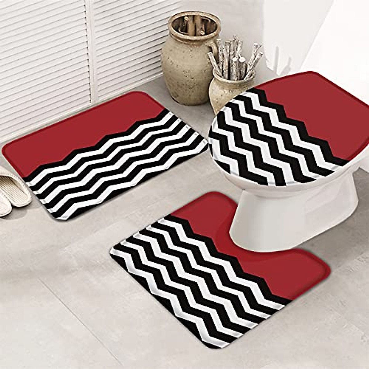 3 Piece Set Bathroom Rugs for, Red Black and White Chevron Bath Mat Non-Slip Memory Foam U-Shape Contour Rug Toilet Lid Cover, Washable Absorbent Bath Rugs for Tub Shower 18"x30"+14"x 18"+15"x 18"