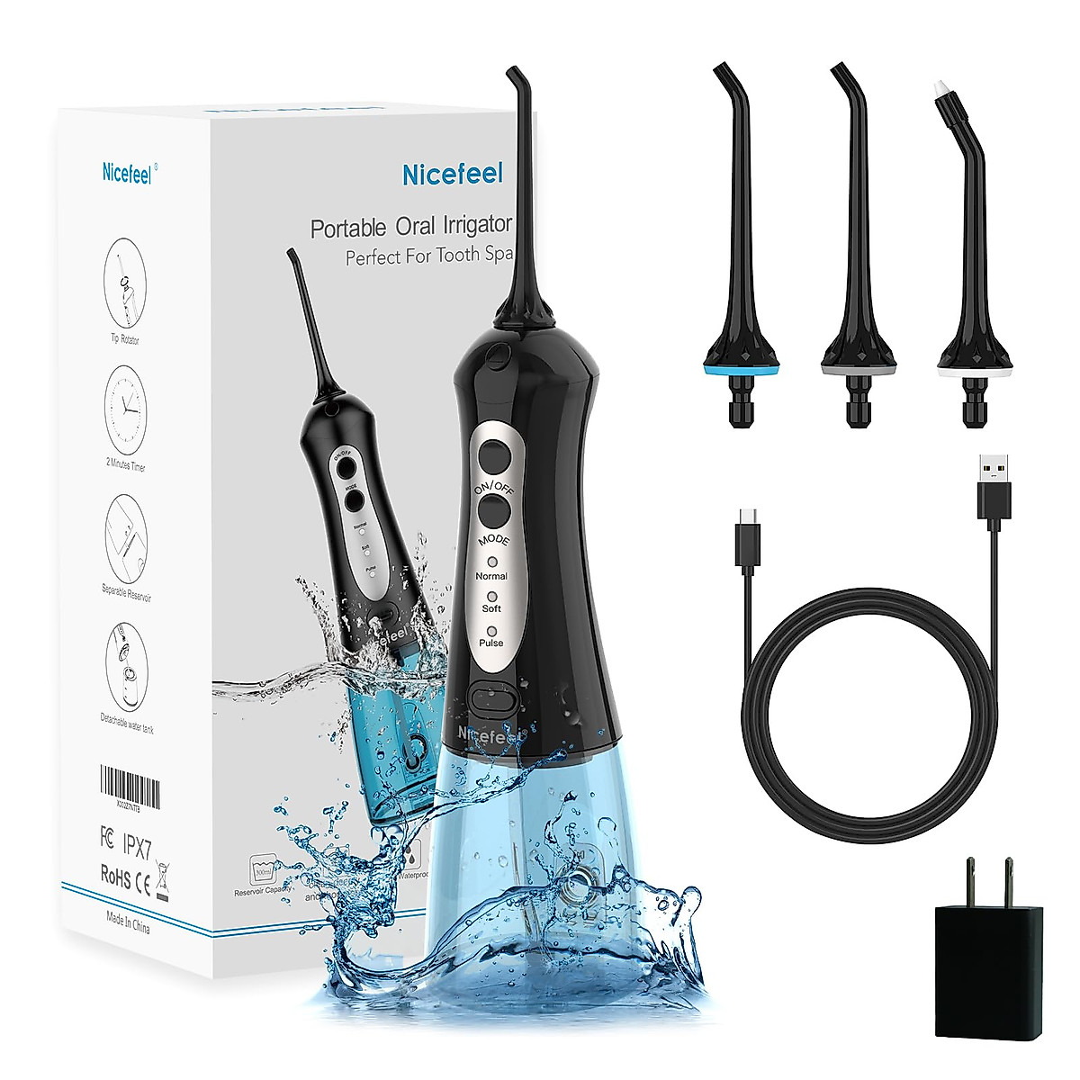 Cordless Water Flosser Teeth Cleaner, Nicefeel 300ML Portable and Rechargeable Oral Irrigator for Travel, IPX7 Waterproof, 3-Mode Water Flossing with 4 Jet Tips for Family