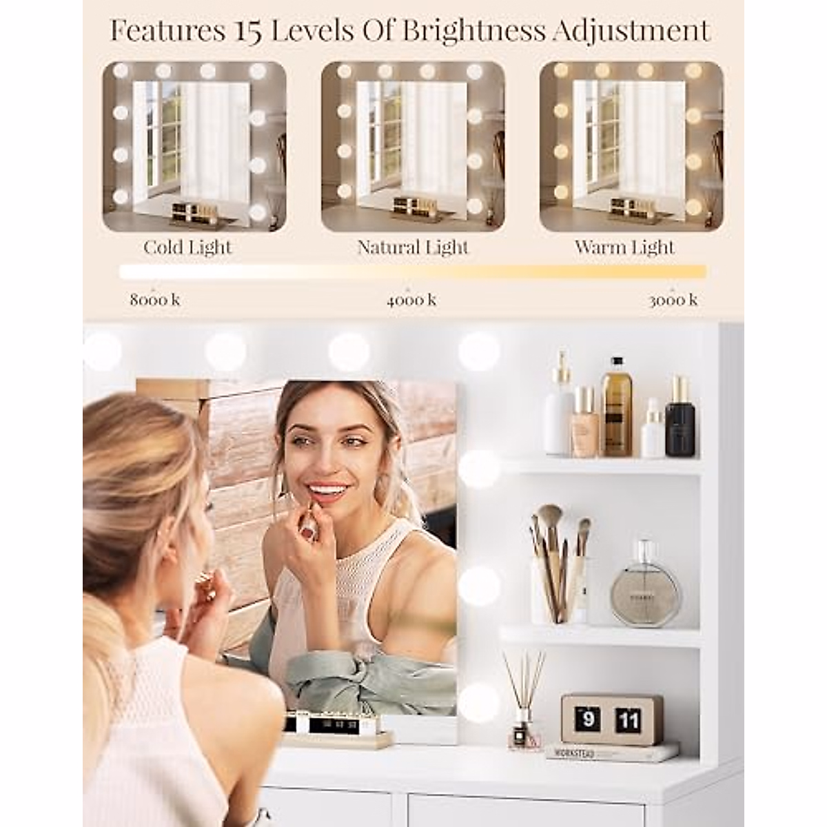 LIVELYGLOW Vanity Desk with Mirror and Lights, Makeup Vanity with Drawer & Storage Shelves, Cabinet, 3 Lighting Modes Adjustable Brightness, Bedroom Dressing Table, White