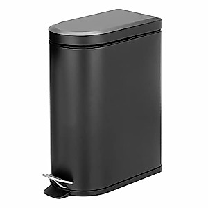 mDesign Small 2.6 Gallon Stainless Steel Metal Step Trash Can Garbage Bin for Bathroom, Bedroom, Home Office - D-Shape Trashcan with Foot Pedal/Lid, Removable Liner Bucket with Handles, Black