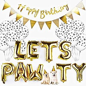 Legendog 23PCS Dog Party Decor Set Fashion Party Banner Cone Hat Party Balloon with Pump (Golden)