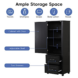 Virubi 61.4 in Tall Bathroom Floor Storage Cabinet, Wood Bathroom Cabinet with 2 Drawers and 2 Adjustable Shelves, Bathroom Cabinets Freestanding Bathroom Storage Organizer (Black)