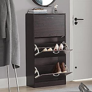 Haotian FSR110-BR, Brown Shoe Cabinet with 3 Flip Drawers, Freestanding Shoe Rack, Shoe Storage Cupboard Organizer Unit