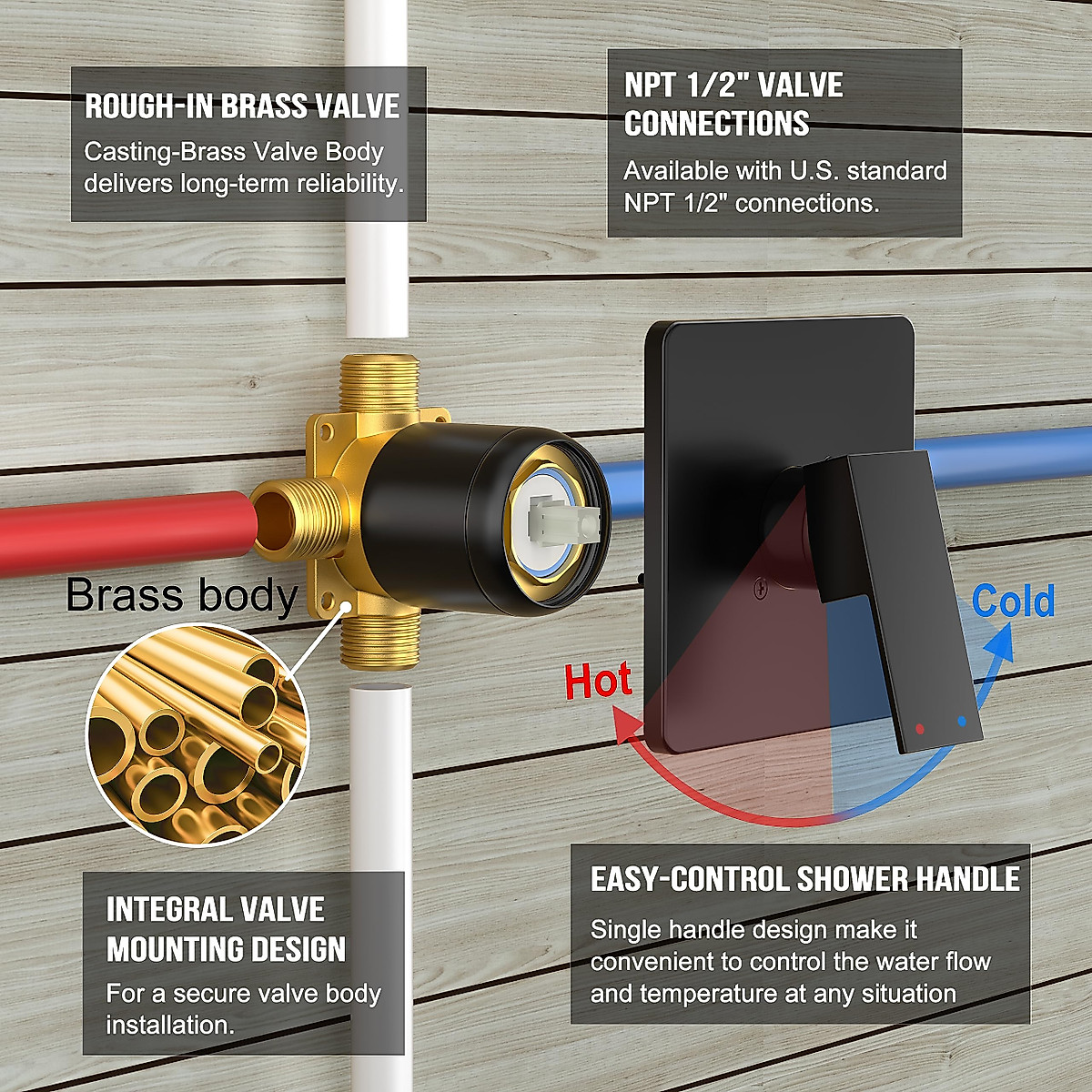 Alesco Tub Shower Faucet, Black Shower Faucet Set with 8-Inch Shower Head and Tub Spout, Shower Head and Handle Set Include Shower Valve, Tub Shower Trim Kit, Matte Black