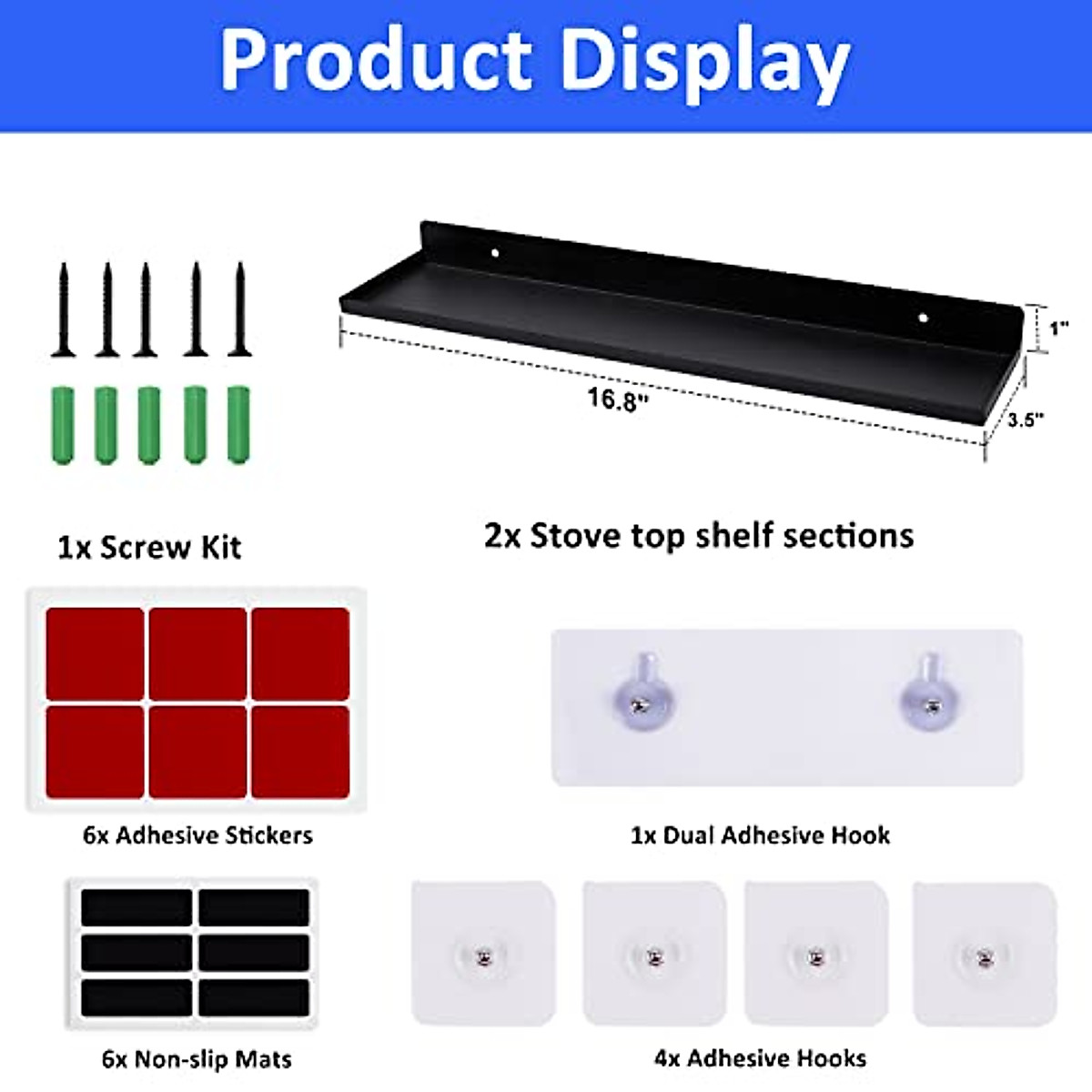 Stove Top Shelf,Spice Rack Over the Stove Top Shelf,Stainless Steel Spice Rack with Adhesive Tapes,Kitchen Storage Organization fit Standard 30 IN Stove Width, Over Stove Spice Rack Organizer-Black