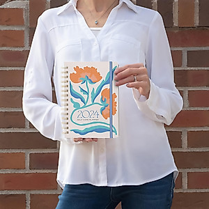 Orange Circle Studio 2024 Self Care Planner, Gratitude Journal, Spiral Notebook with Wellness Tracker, 17-Month Wire-O Bound Calendar Book, Monthly and Weekly Spread Views, Floral Flow
