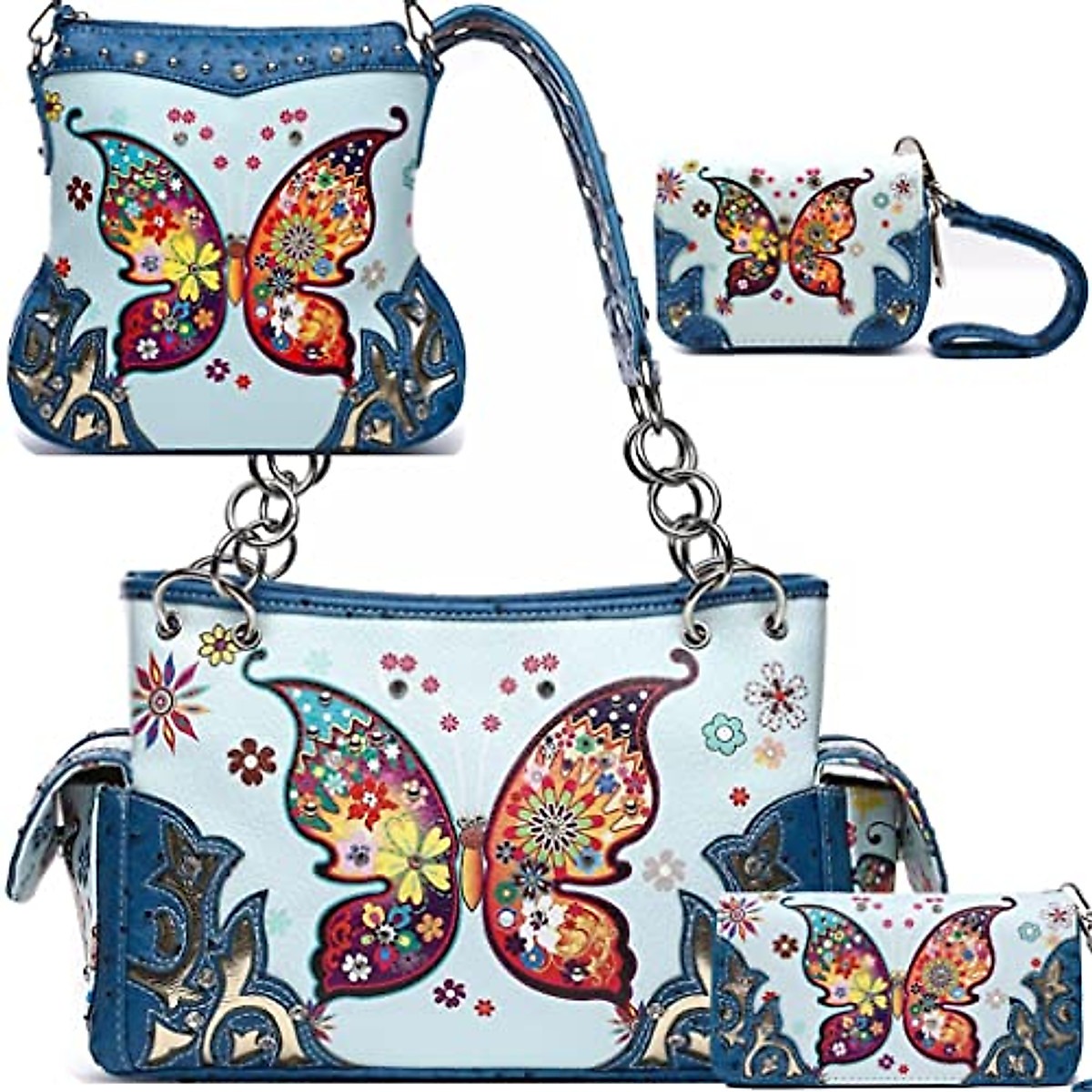 Butterfly Floral Western Purse Country Handbag Women Shoulder Bag Crossbody Wallet Card Holder 4 PCS Set (#2 Blue)
