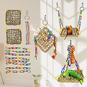 Bird Foraging Cage Toy, Seagrass Woven Climbing Hammock Swing Mat with Colorful Chewing Rope Toys, Suit for Lovebirds, Finch, Parakeets, Conure, Cockatiel