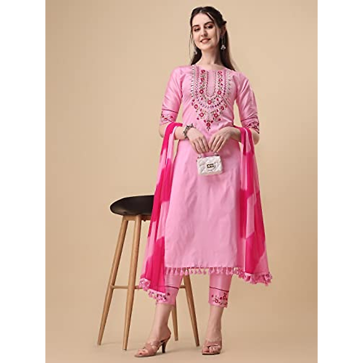 FamLady Embroidered Kurti Set with Pant and Dupatta Indian Art Silk Kurtis for Women (as1, alpha, m, regular, regular, Pink)