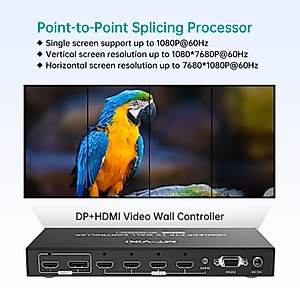 MT-VIKI 4K@60Hz HDMI+DP Video Wall Controller 2X2, Support 90°/ 180° /270° Rotate, Support Resolution UP to 4K@60Hz for 2X2 Mode, 8K@60Hz for 1X4 Mode (2 Input 4 Output)