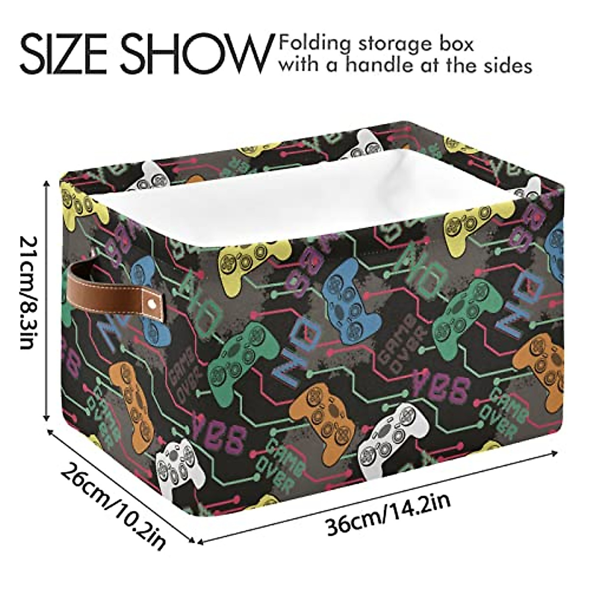 Joysticks Gamepad Grunge Fabric Storage Bin for Organizing Basket for Shelves Closet Nursery Toy Collapsible Storage Cubes Box with Leather Handle