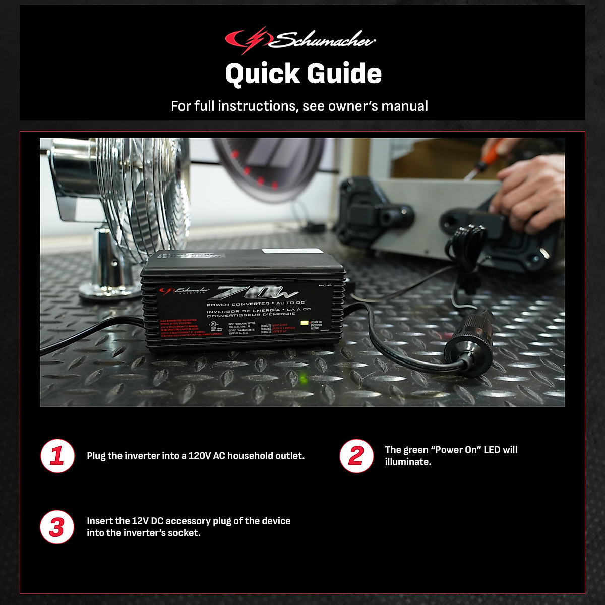 Schumacher PC-6 AC to DC Power Converter with 12V DC Port That Plugs into 12V AC Outlet - 70 Watts Continuous 140 Peak Watts, Black