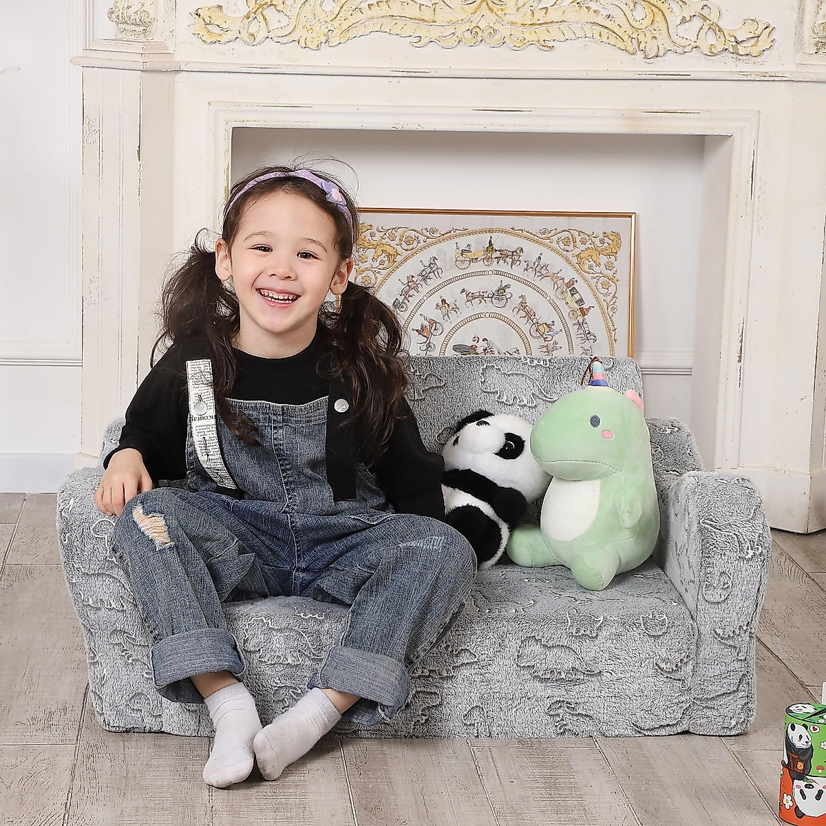 MOMCAYWEX Kids Extra Wide Glow in The Dark Chairs for Toddler, 2-in-1 Toddler Soft Sherpa Couch Fold Out, Convertible Sofa to Lounger for Girls and Boys, Dark Grey