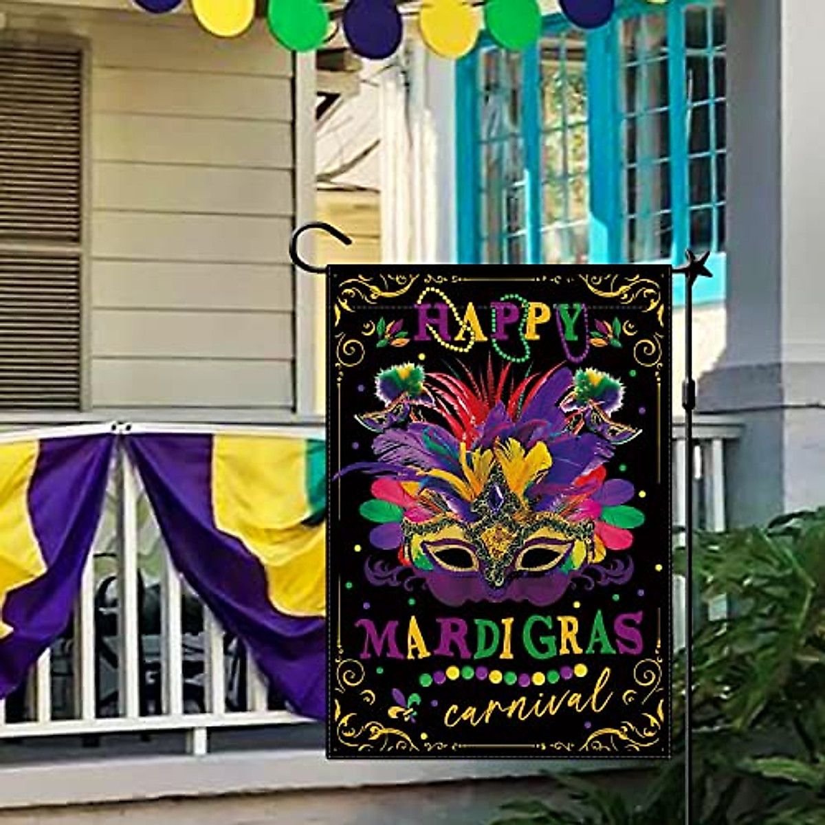 CMEGKE Mardi Gras Masquerade Feather Mask Garden Flag, Happy Mardi Gras Flags, Masquerade Mask Holiday Party Yard Outdoor Decor Vertical Double Sided Burlap Carnival Celebration Classic Holiday Party Farmhouse Yard Home Outside Decor 12.5 x 18 In