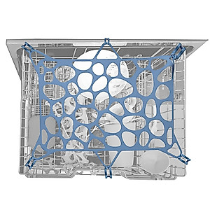 REVEX Dishwasher Net, 9.8"x14.5" Silicone Dishwasher Net For Small Items, 6 Adjustable Hooks to Cover Plastic Bowls,Baby Bottle and Cups to Avoid Tipping Over, Suitable for All Dishwashers (Blue)