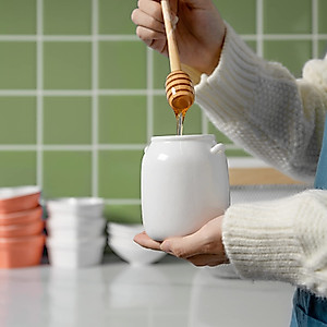 LIFVER Honey Jar with Wooden Dipper and Lid, Cute Ceramic Honey Bee Pot for Storage, Honey Pot with Handle for Sugar, Jam and Salsa, Birthday Housewarming Christmas Gift - 12 Ounce, White