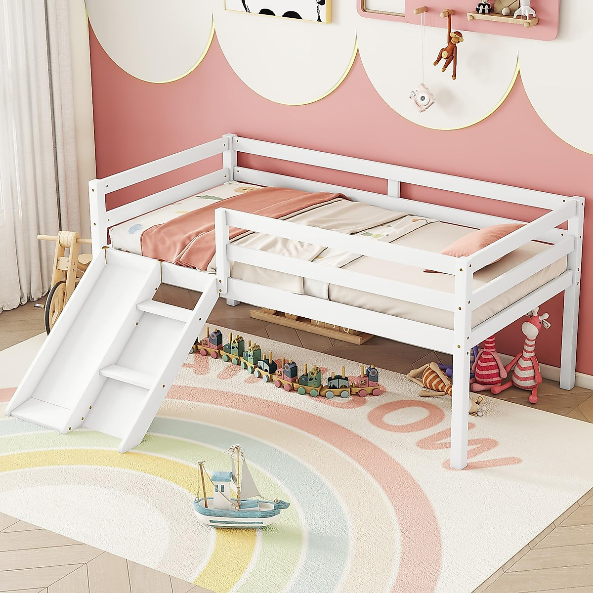 Toforo Twin Low Loft Bed for Kids with Slide and Ladder, Wood Loft Bed Frame with Safety Guardrail for Children, Teens, Boys or Girls, White