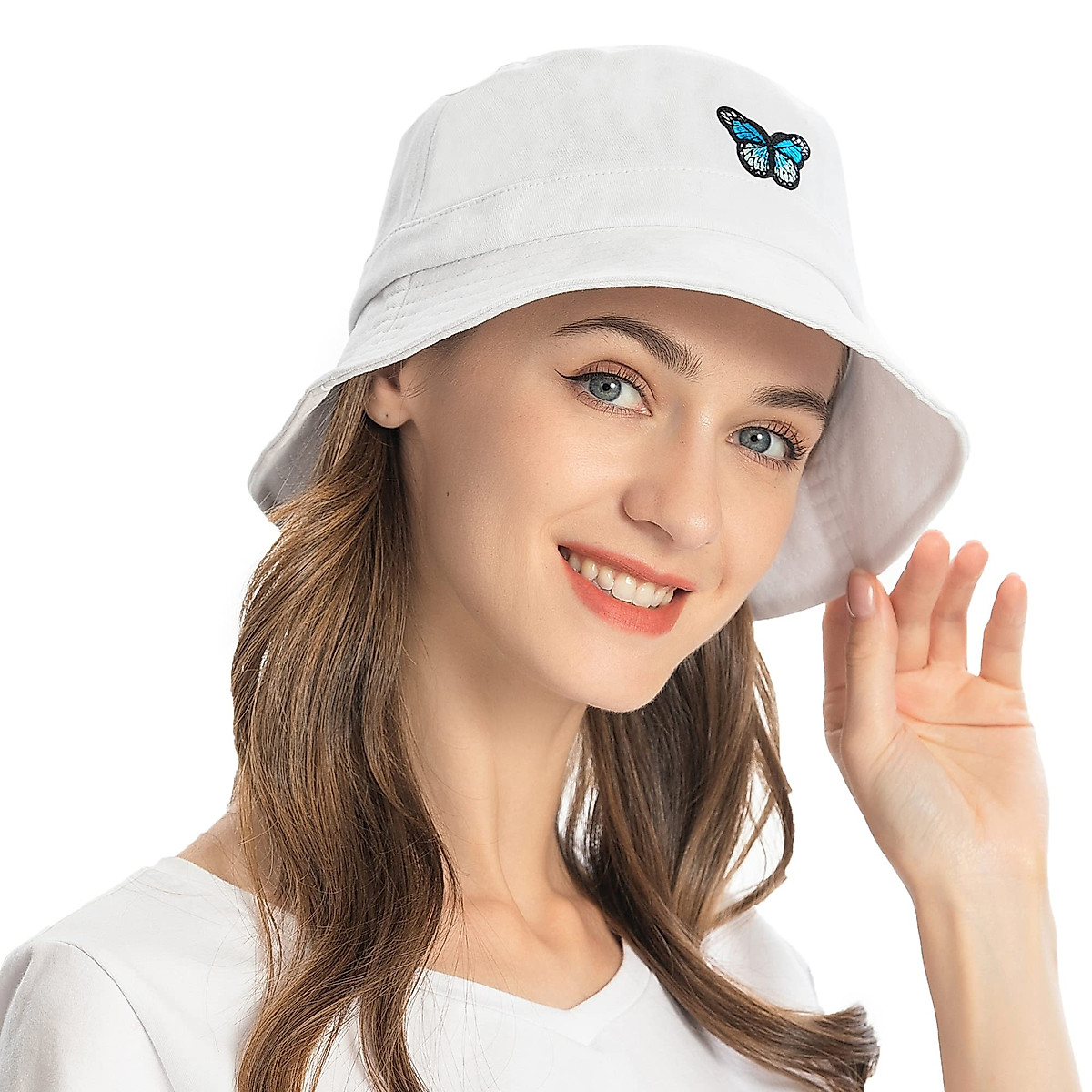 ZLYC Unisex Fashion Embroidered Bucket Hat Summer Fisherman Cap for Men Women Teens (Butterfly Pure White)
