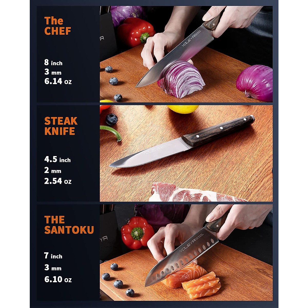 YOLEYA Kitchen Knife Set, 15PCS Chef Knife Sets for Kitchen with Block Wooden Triple Rivets German High Carbon Stainless Classic Style Full Tang