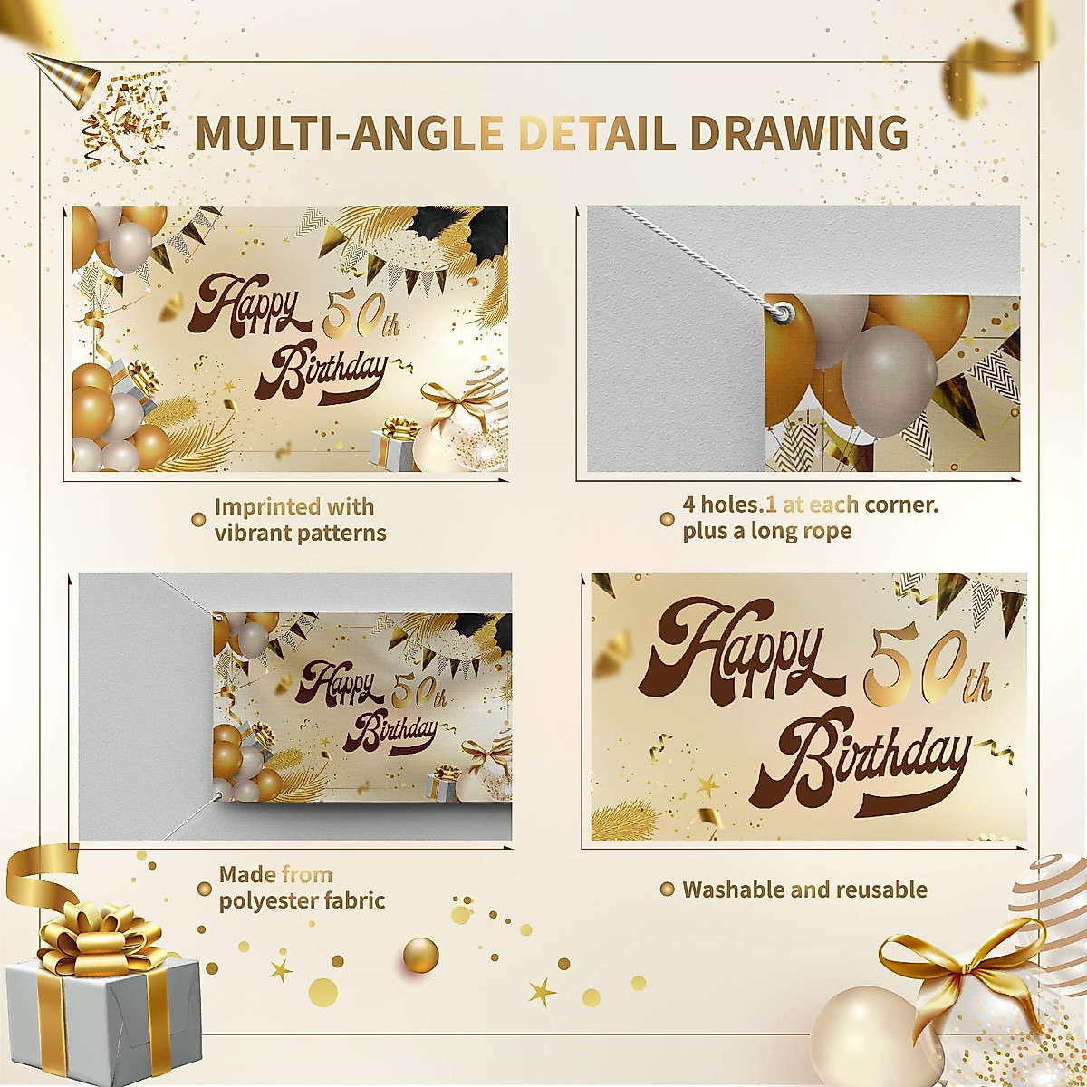 Bing-Haoze 50th Happy Birthday Backdrop-71''x44'' Gold Happy Birthday Decorations Banner Party Decorations Supplies Birthday Banner Sign for Men Women 50th Birthday Party