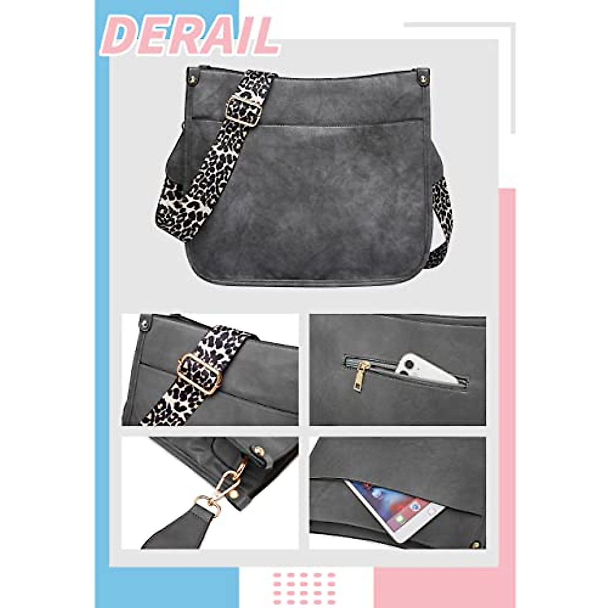 Crossbody Bags Purses Women Vegan Leather Leopard Guitar Strap Shoulder Bucket Handbags Designer Top Zipped Pockets Hobo Bags Gray