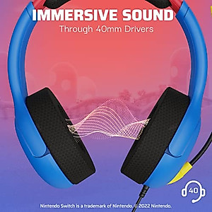 PDP Gaming AIRLITE Stereo Headset with Mic for Nintendo Switch/Switch Lite/OLED - Wired Power Noise Cancelling Microphone, Lightweight, Soft Comfort On Ear Headphones 3.5mm Jack (Mario Dash Blue)