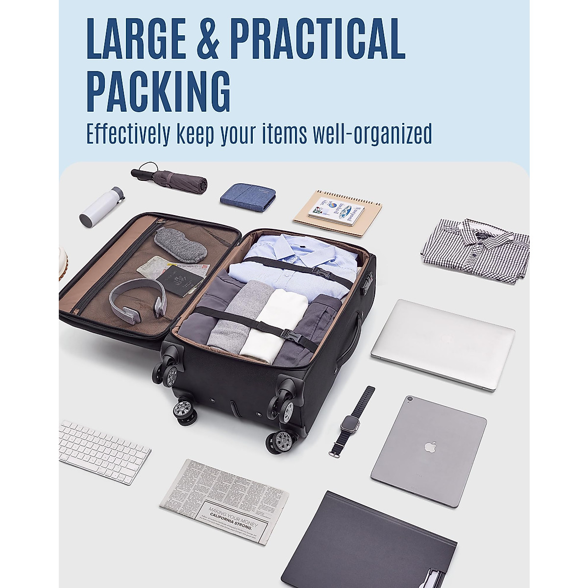 LIGHT FLIGHT 24 Inch Suitcase with Separate Compartment, Water-resistant Large Suitcase with Spinner Wheels, TSA Lock, Business Classic Travel Suitcase, Black